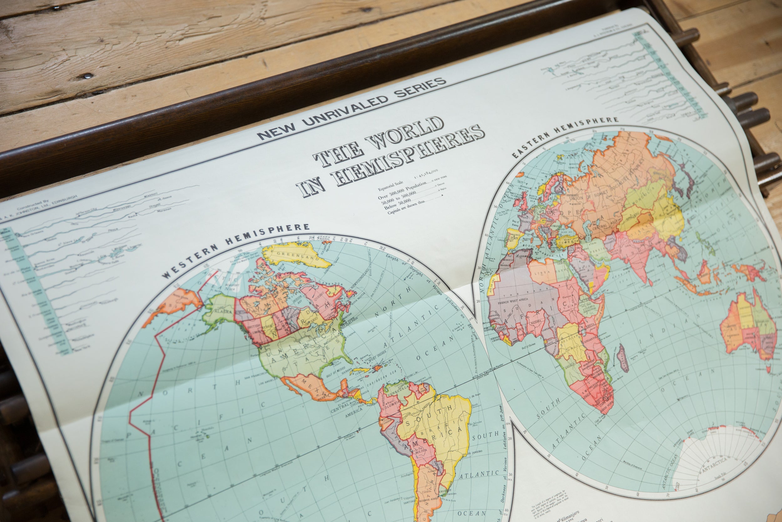 Vintage Nystrom Pull Down Map of The World in Hemispheres