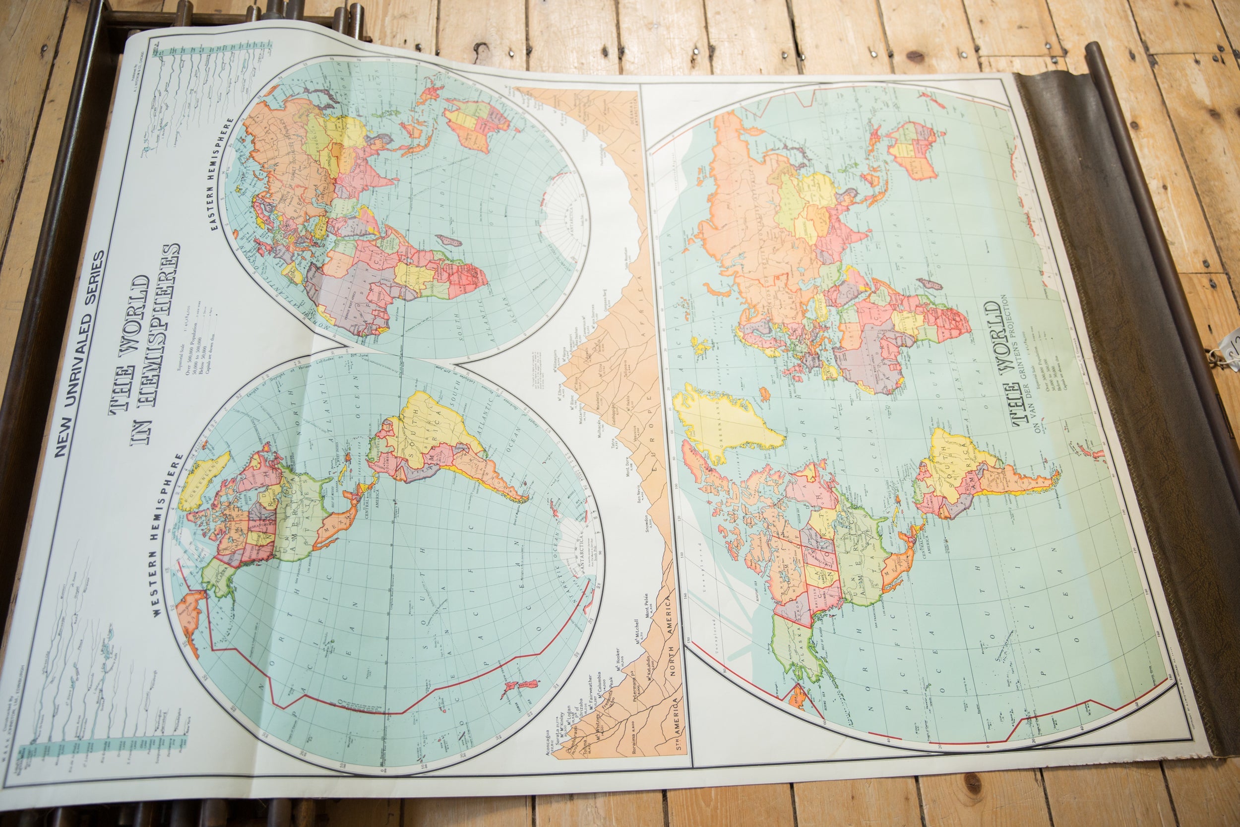 Vintage Nystrom Pull Down Map of The World in Hemispheres