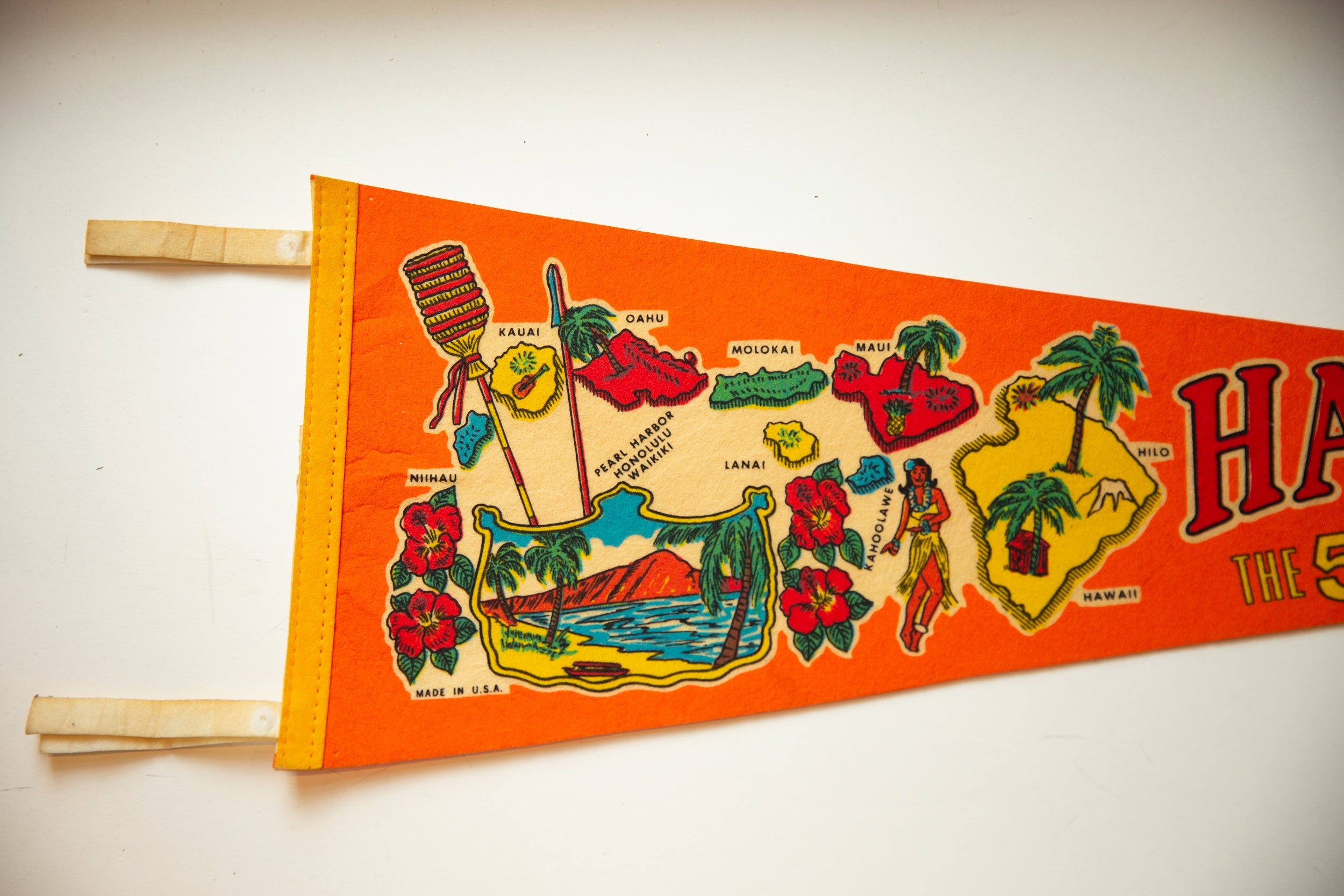 Vintage Hawaii The 50th State Felt Flag
