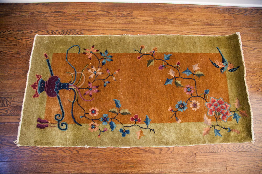 2.5x5 Vintage Green and Gold Art Deco Rug