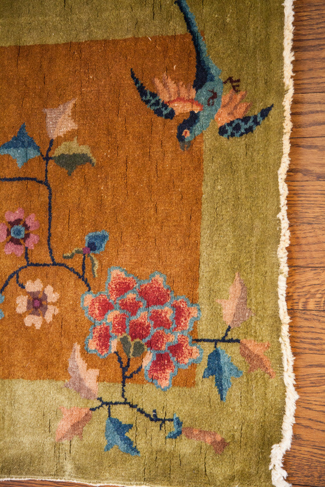 2.5x5 Vintage Green and Gold Art Deco Rug