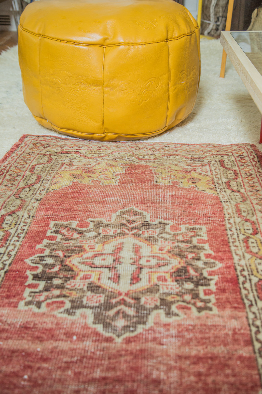 Antique Revival Leather Moroccan Pouf Ottoman - Mustard Yellow