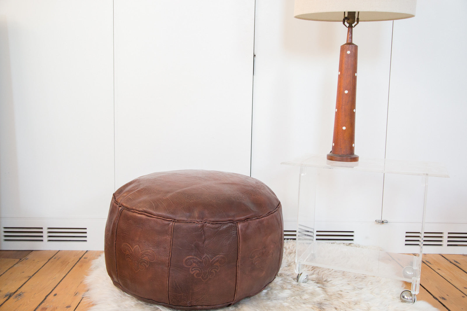 Antique Revival Leather Moroccan Pouf Ottoman - Dark Whiskey