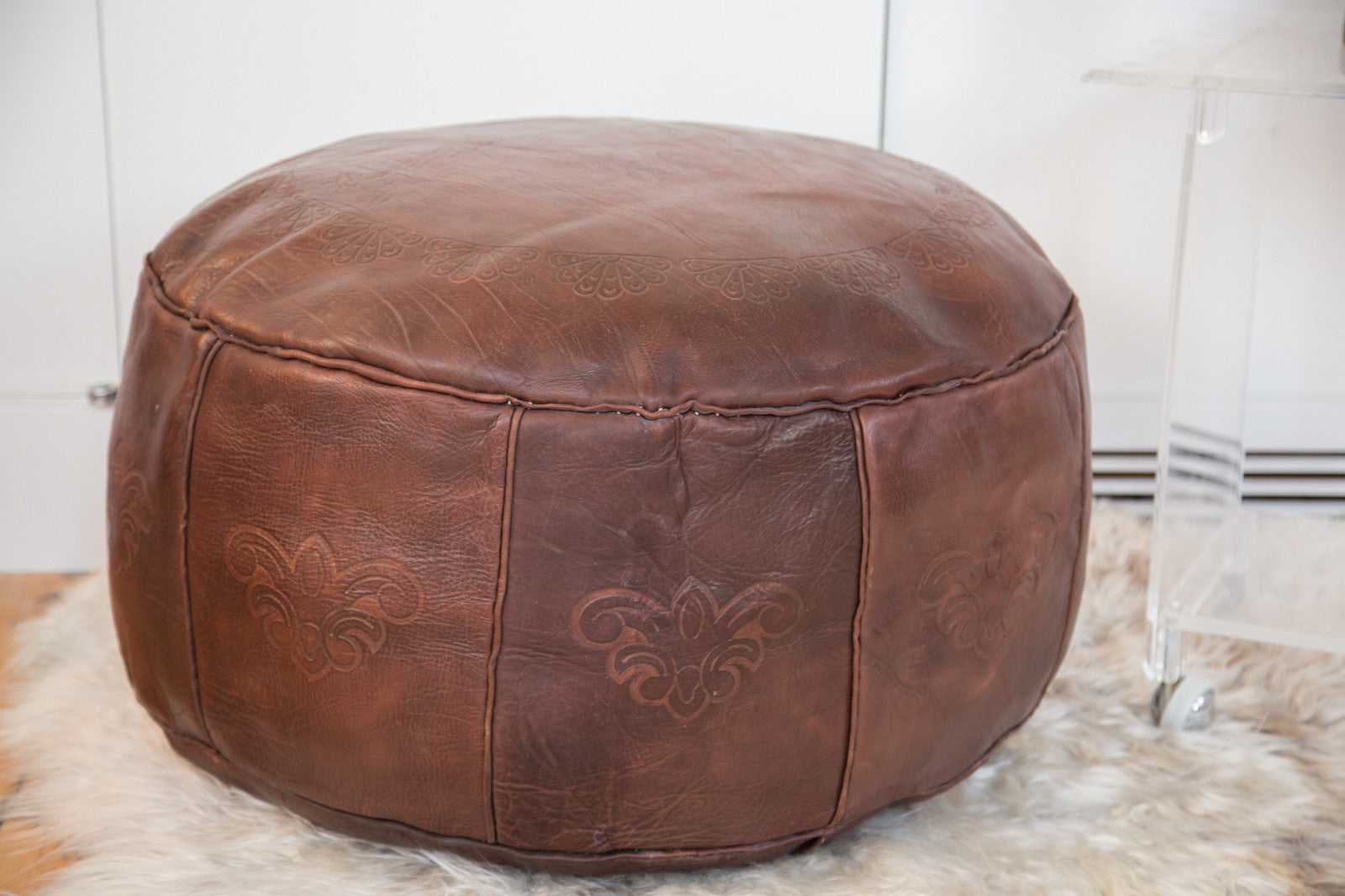 Antique Revival Leather Moroccan Pouf Ottoman - Dark Whiskey