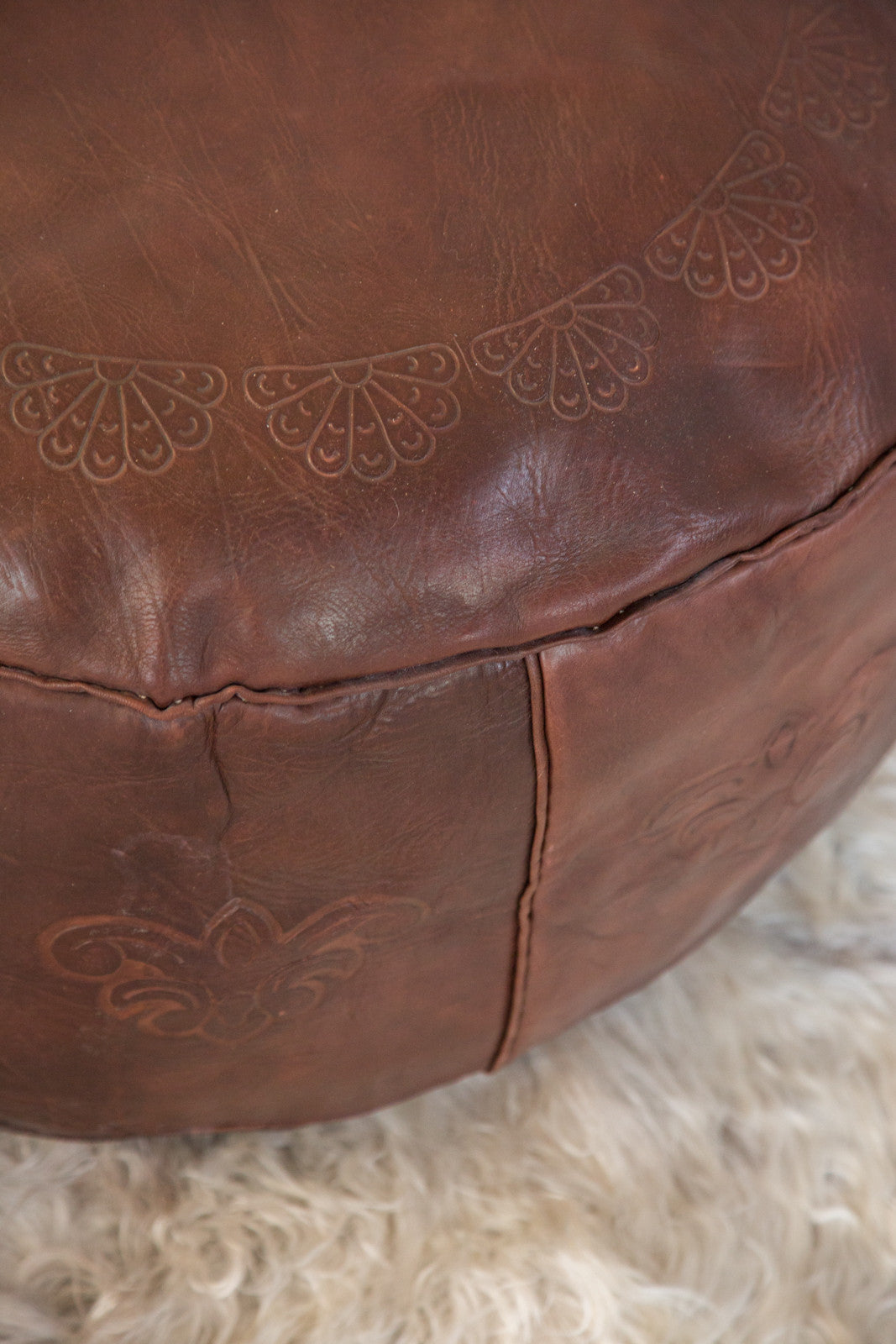Antique Revival Leather Moroccan Pouf Ottoman - Dark Whiskey