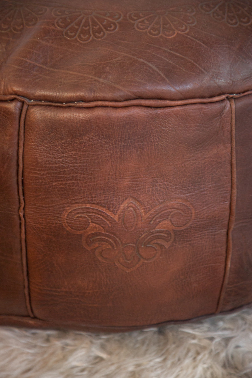 Antique Revival Leather Moroccan Pouf Ottoman - Dark Whiskey