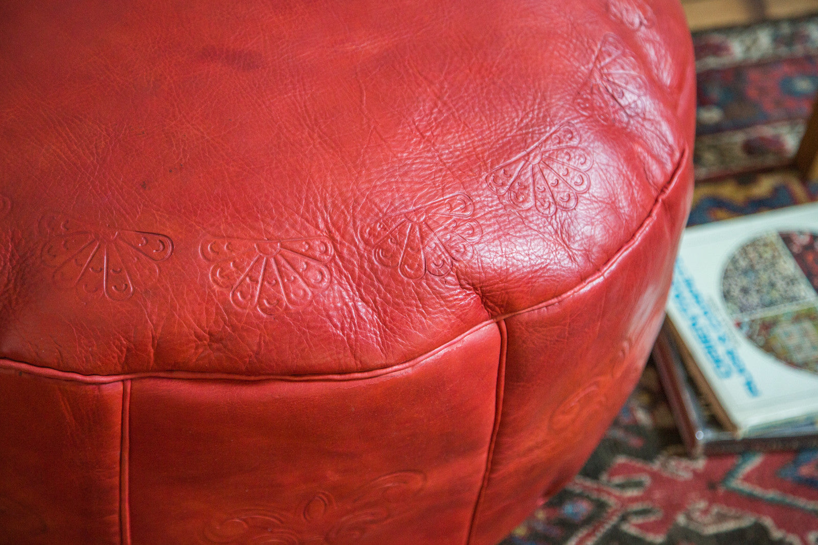 Antique Revival Leather Moroccan Pouf Ottoman - Cranberry Red – Item #1996