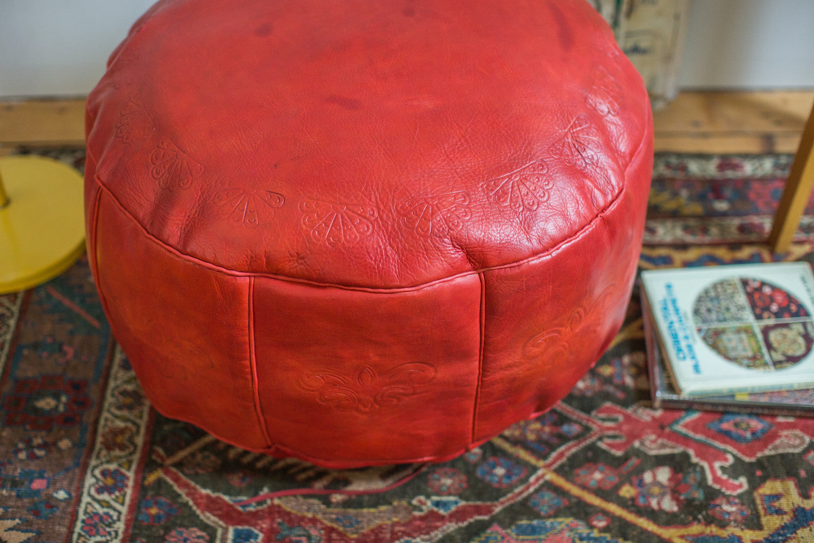 Antique Revival Leather Moroccan Pouf Ottoman - Cranberry Red – Item #1996