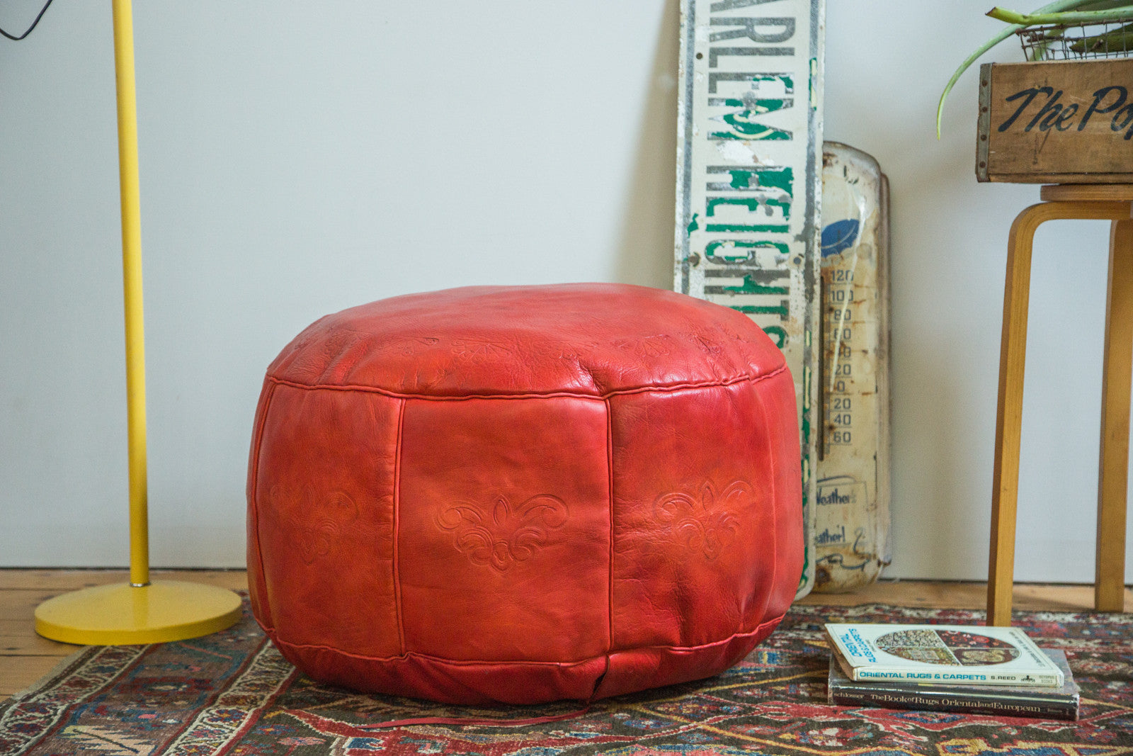 Antique Revival Leather Moroccan Pouf Ottoman - Cranberry Red – Item #1996