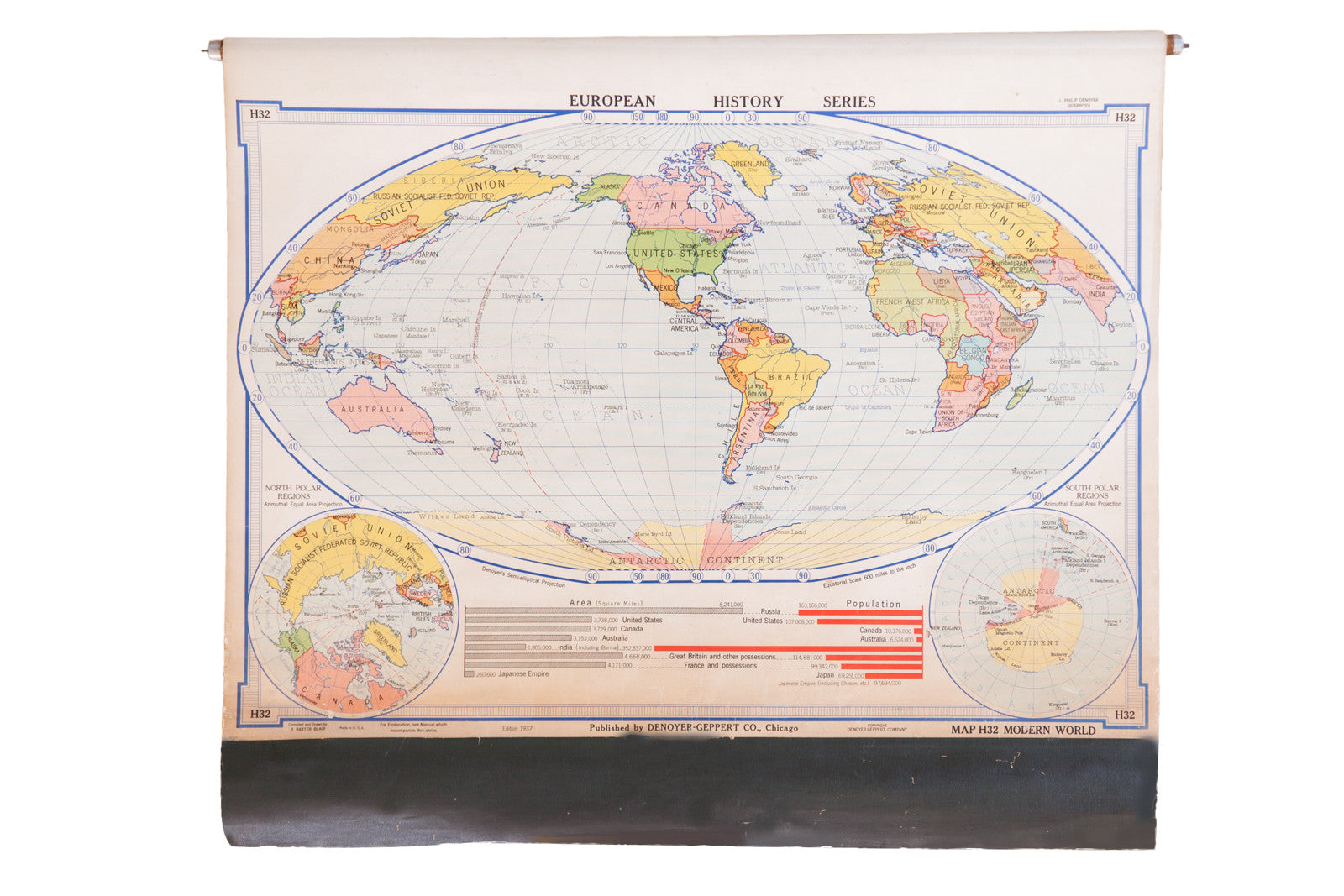 Vintage 1930s Pull Down Map of Modern World