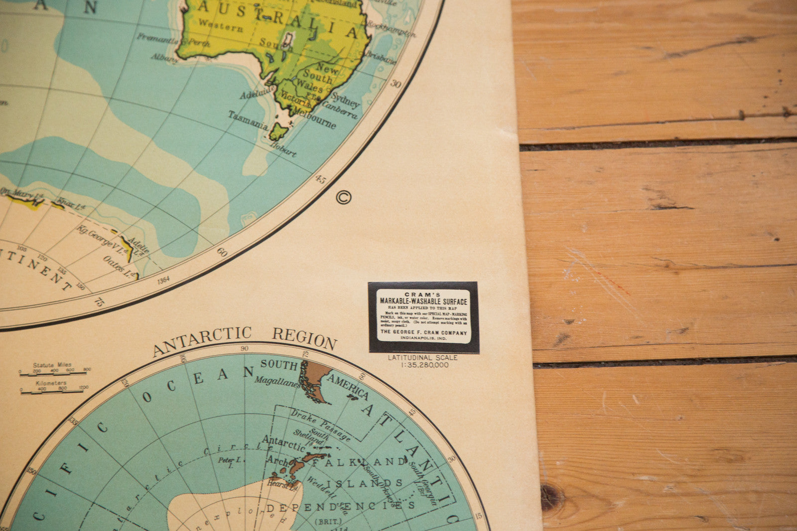Vintage Cram's Pull Down Map of World Hemispheres