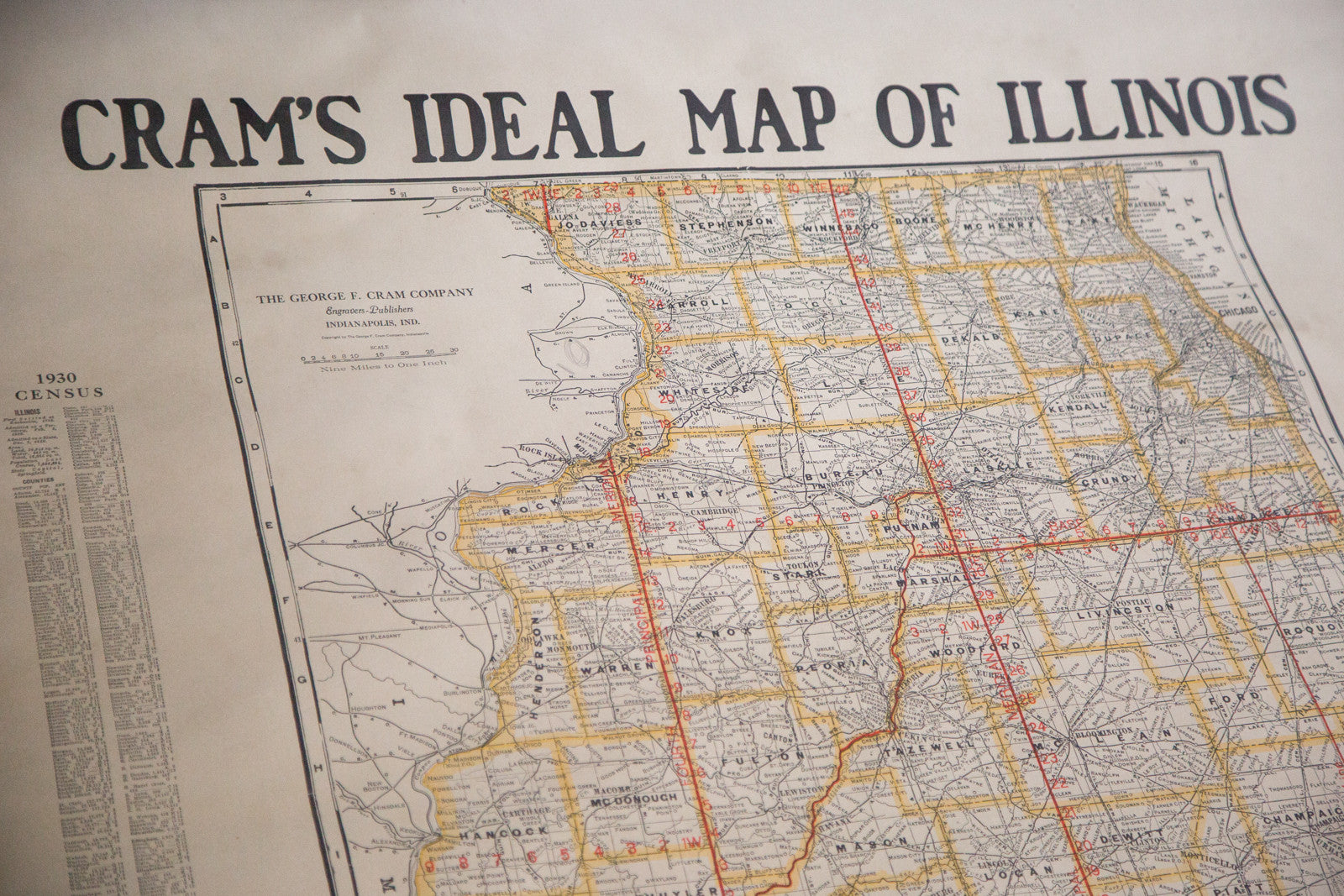 Vintage Cram's Pull Down Map of Illinois