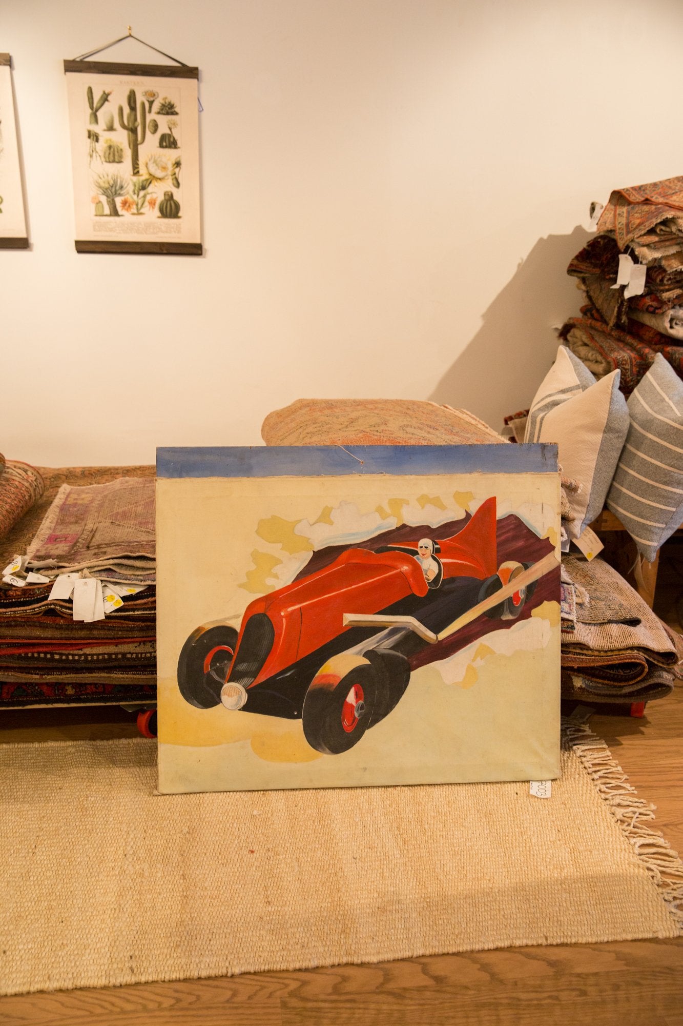 Vintage 1940s Folk Art Race Car Painting
