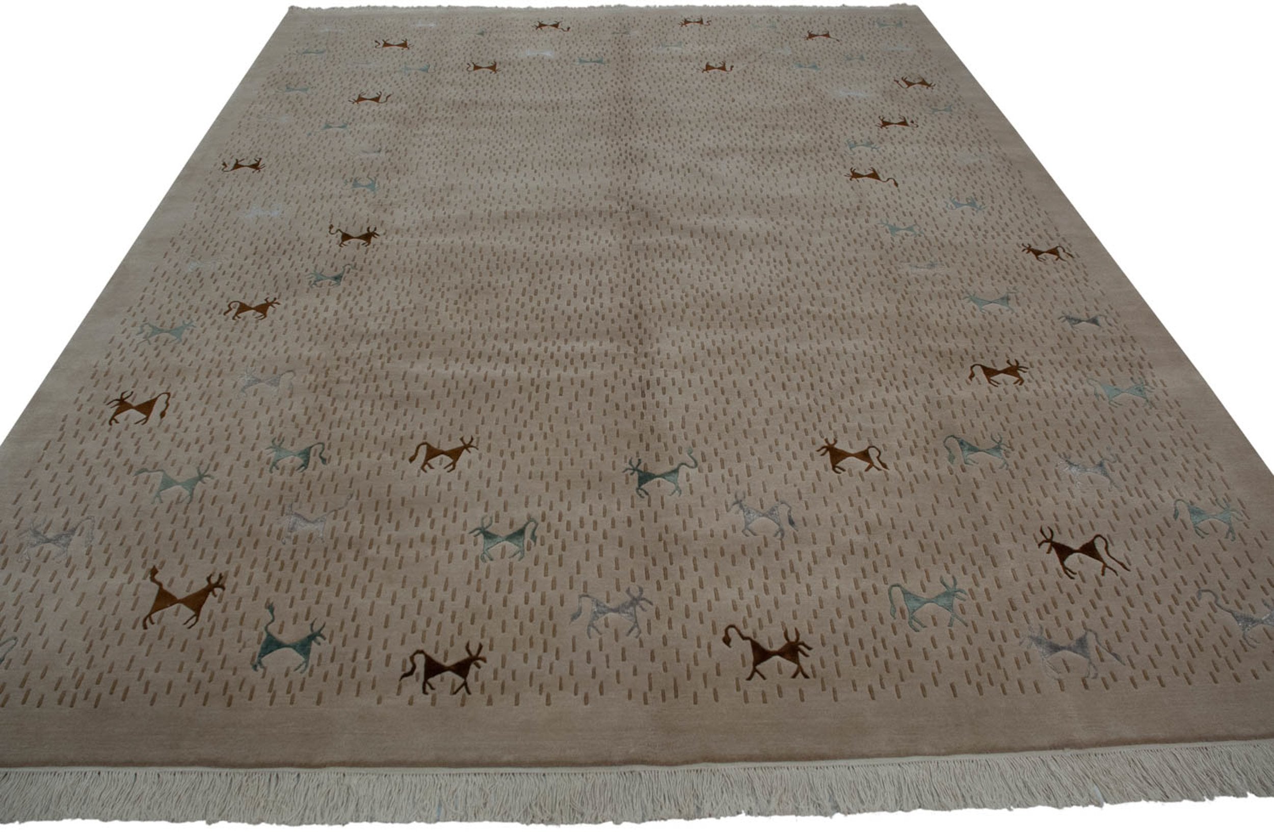 Folk Art Carpet 9' x 12' | Gray, Beige | circa 2000s
