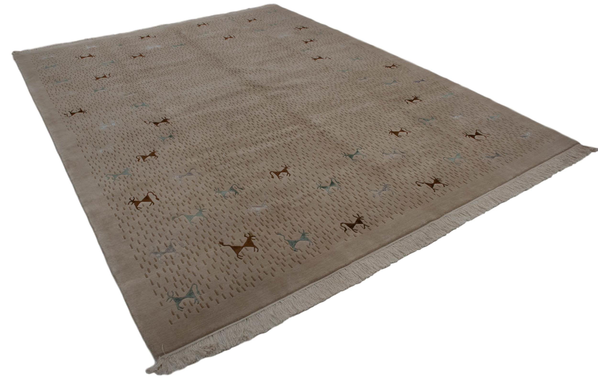 Folk Art Carpet 9' x 12' | Gray, Beige | circa 2000s
