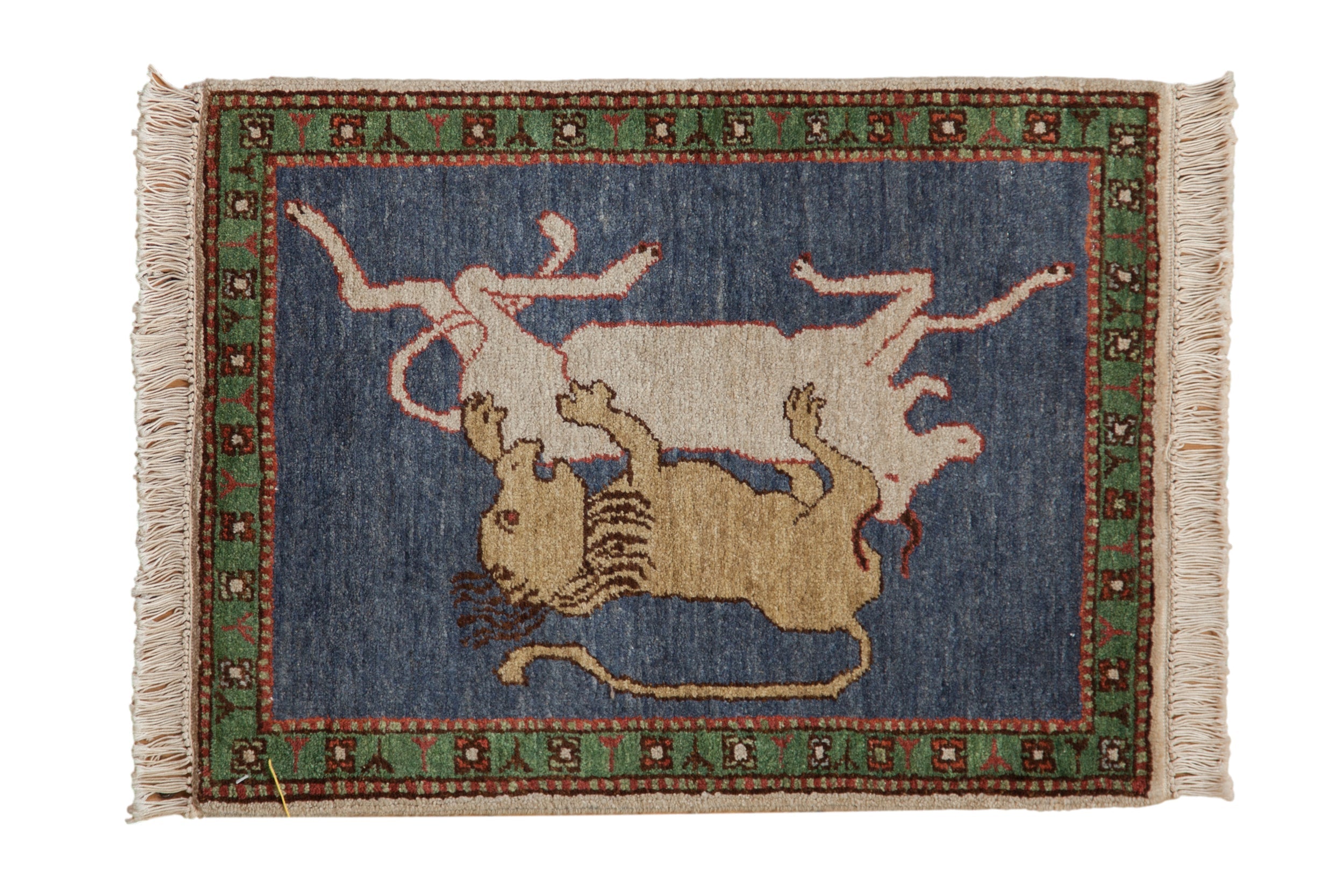 Vintage Hunting Scene Rug 1'10" x 2'5" | Blue, Ivory | c. 1990s